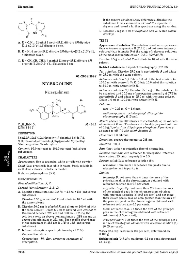 Nicergoline: European Pharmacopoeia 6.0 | PDF | Solubility | Solution