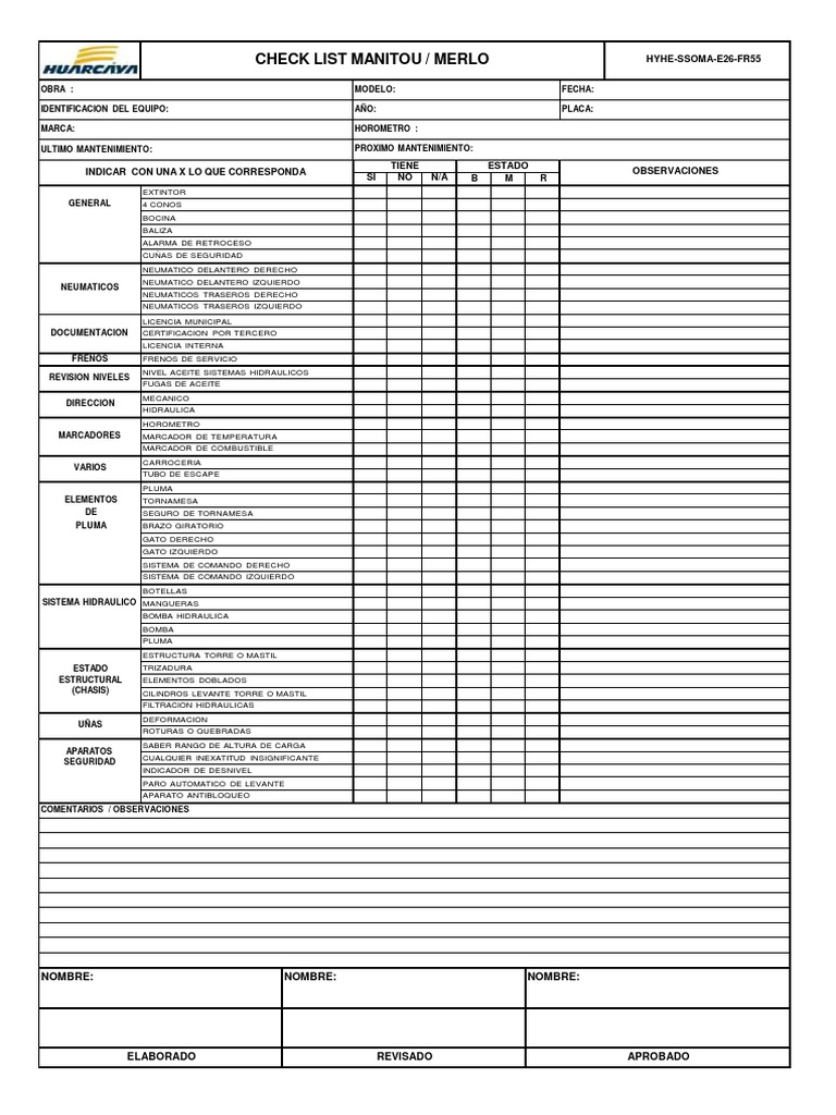 Checklist de inspección para equipos de construcción Manitou/Merlo | PDF