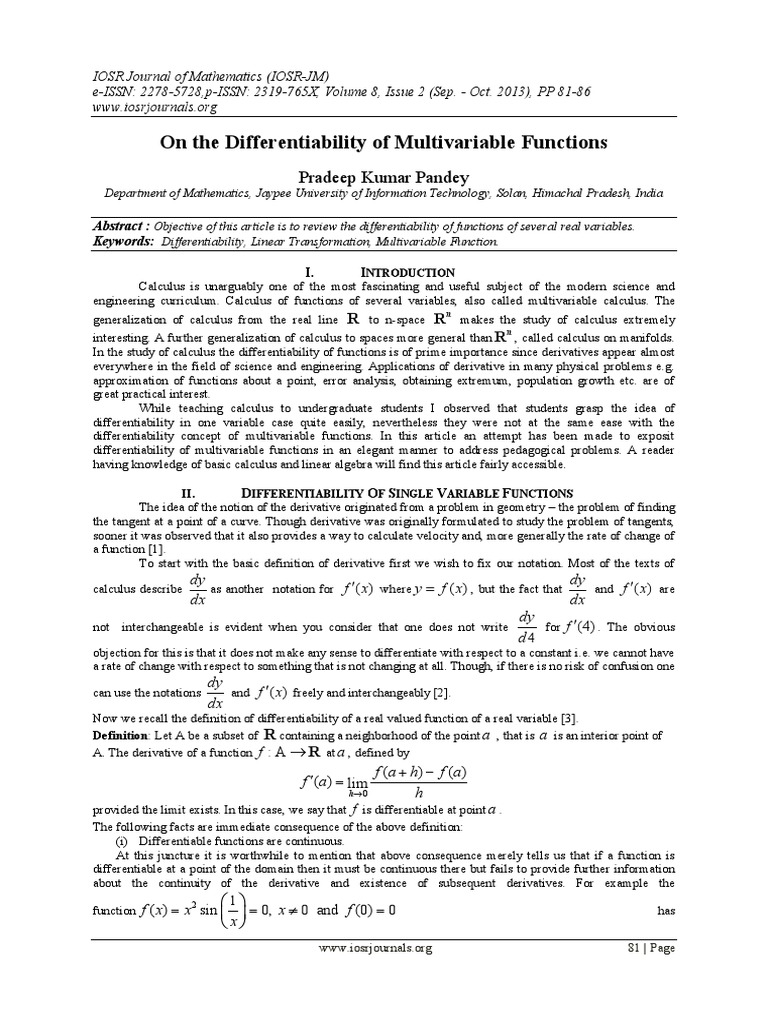 On The Differentiability of Multivariable Functions - Pradeep Kumar ...