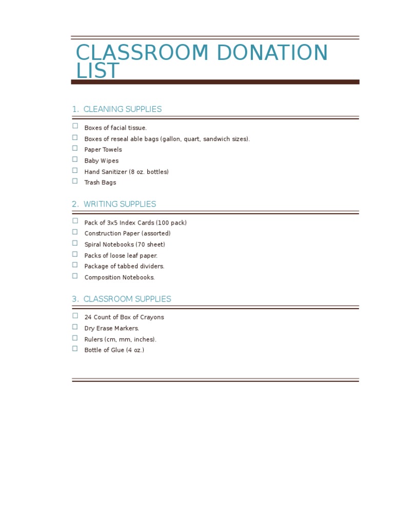 Classroom Donation Supply List | PDF | Home & Garden | Lifestyle