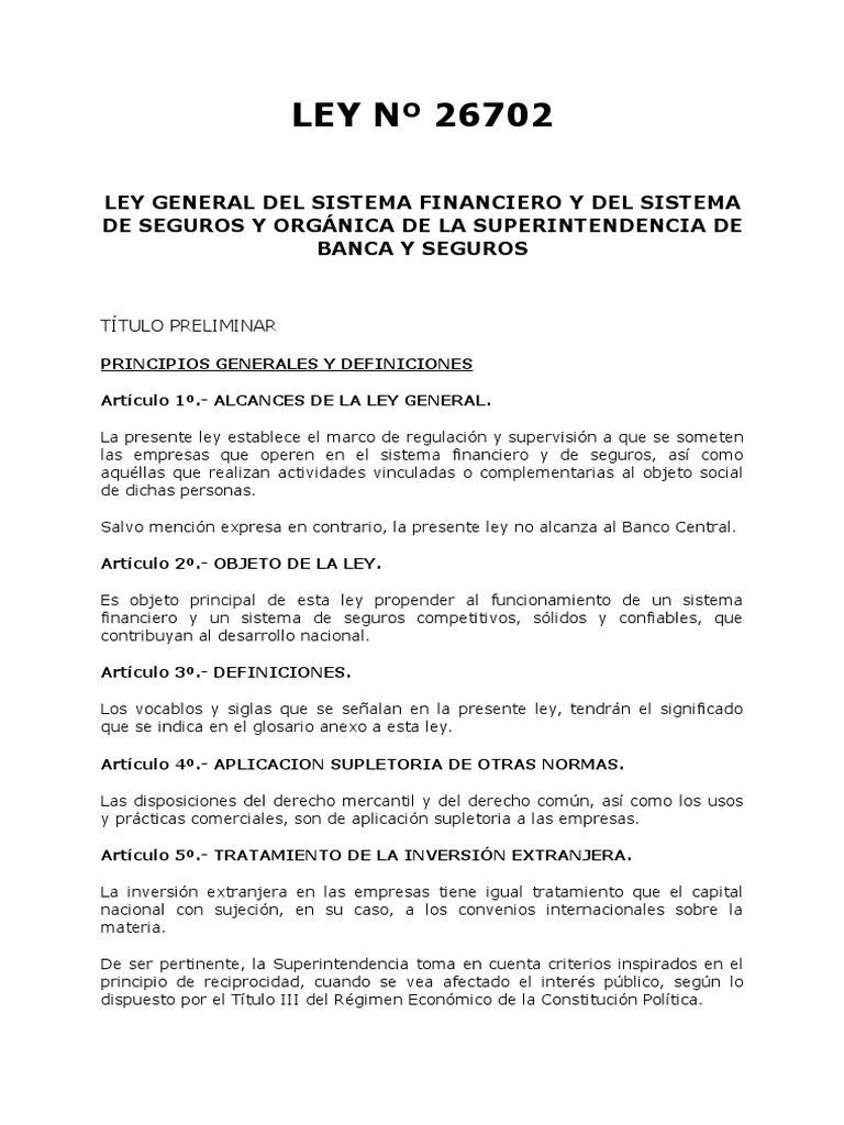 Ley 26702 Ley Gral Sist Finaciero y Org Sbs | PDF | Seguro | Compartir (Finanzas)