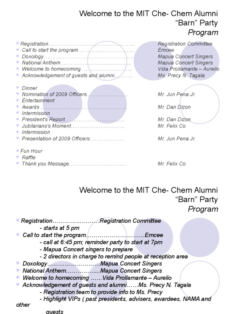 Welcome To The MIT Che-Chem Alumni "Barn" Party: Program | PDF
