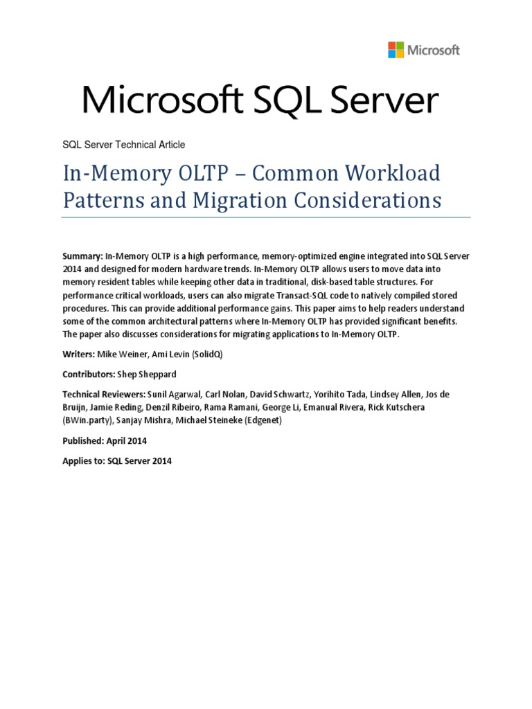 SQL Server 2014 In-Memory OLTP Workload Patterns and Migration Considerations TDM White Paper ...