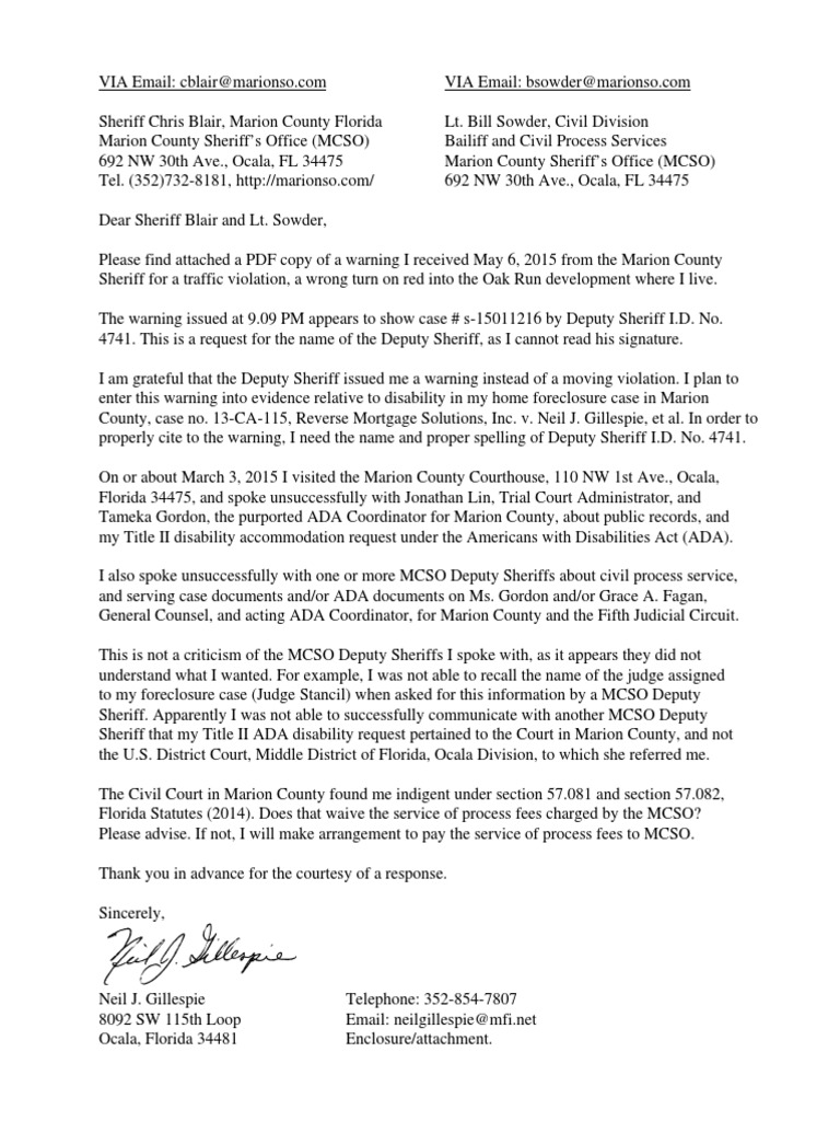 Letter To Marion Co FL Sheriff Chris Blair and Lt. Bill Sowder Jun-16 ...