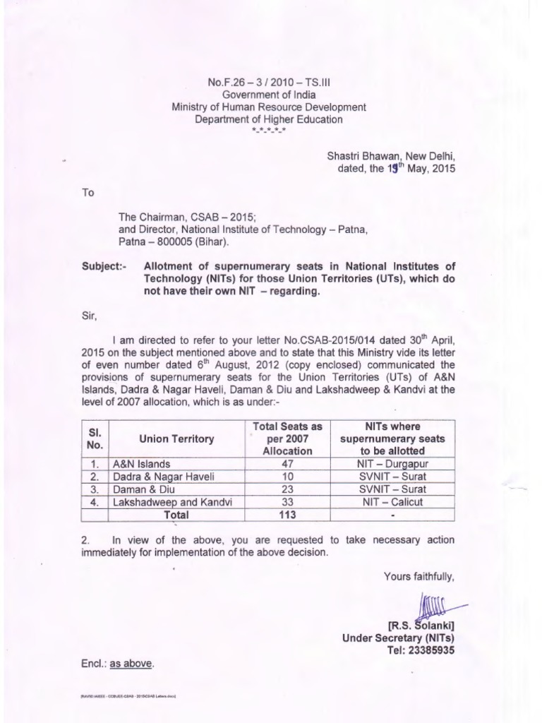 Letter On Supernumerary Seats 2015-2016 PDF | PDF