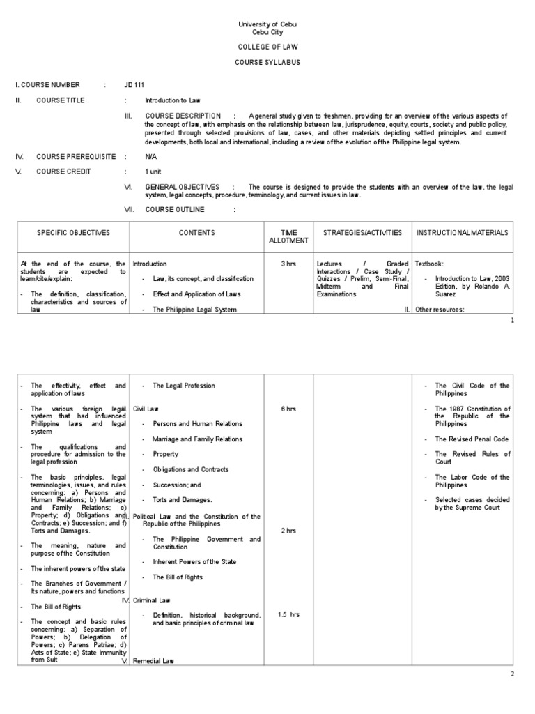 Introduction to Law Course Syllabus (F) | U.S. State | Jurisprudence