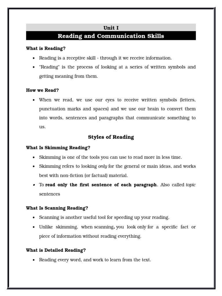 Reading and Communication Skills: Unit I | PDF | Speed Reading ...