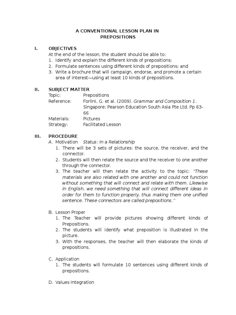 Lesson Plan in Prepositions | Lesson Plan | Education Theory