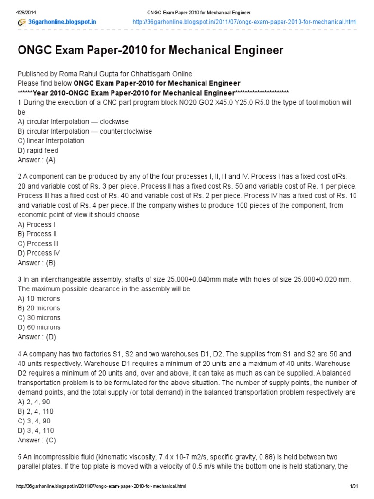 ONGC 2010 Mechanical Engineer Exam Paper | PDF | Gear | Stress (Mechanics)