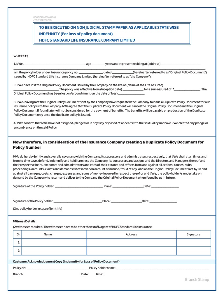 Indemnity Loss of Policy Document | PDF | Indemnity | Insurance