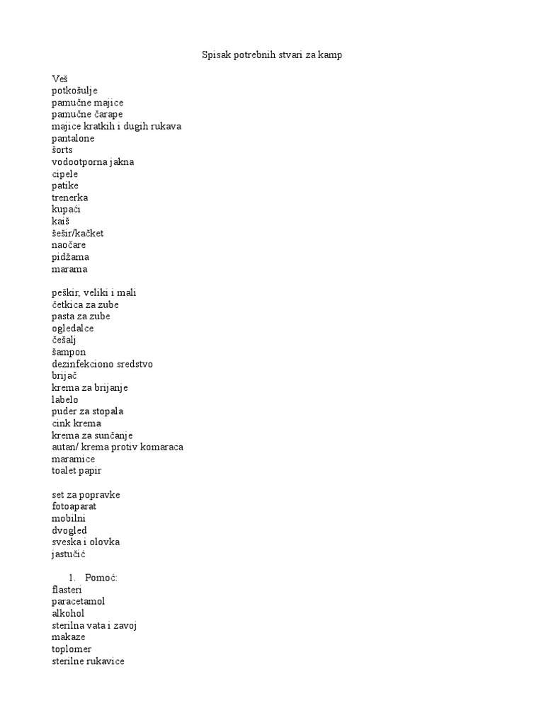 Spisak Stvari Za Kamp | PDF