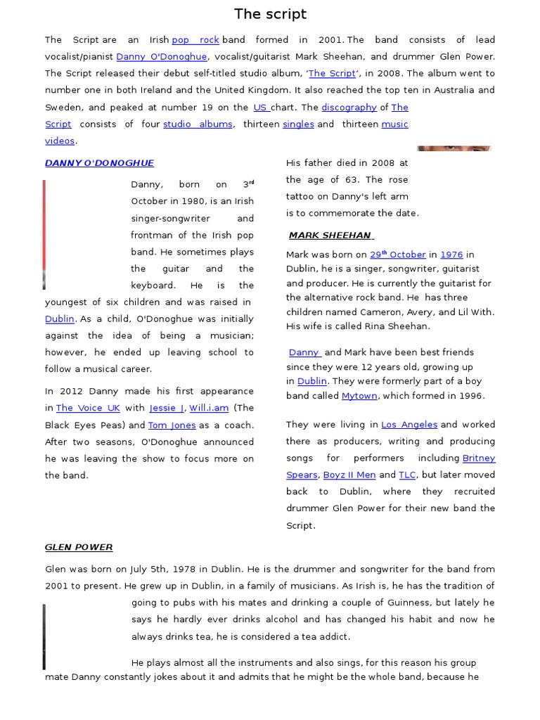 The Script: Irish Pop Rock Band Formed in 2001 | PDF | Recorded Music ...