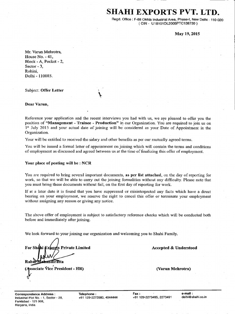 Offer Letter - Shahi Exports Pvt. Ltd. | PDF