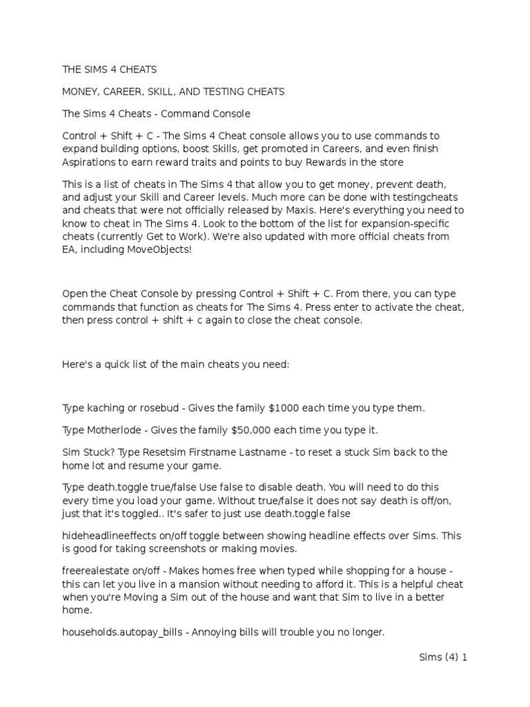 The Sims 4 Cheats Sheet | PDF | Cheating In Video Games | Video Games