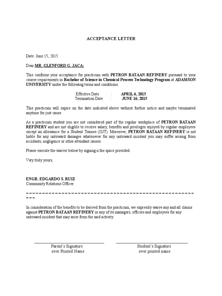 Acceptance Letter for Practicum at PETRON | PDF