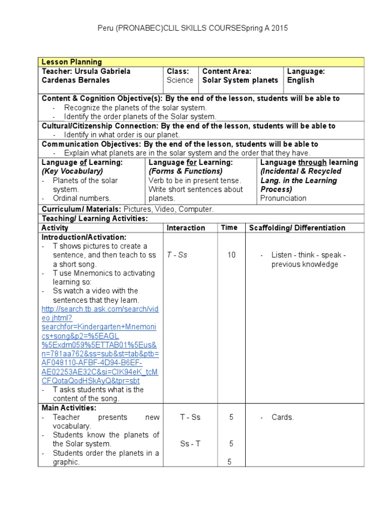 Lesson Plan of Planets | PDF | Language Arts & Discipline