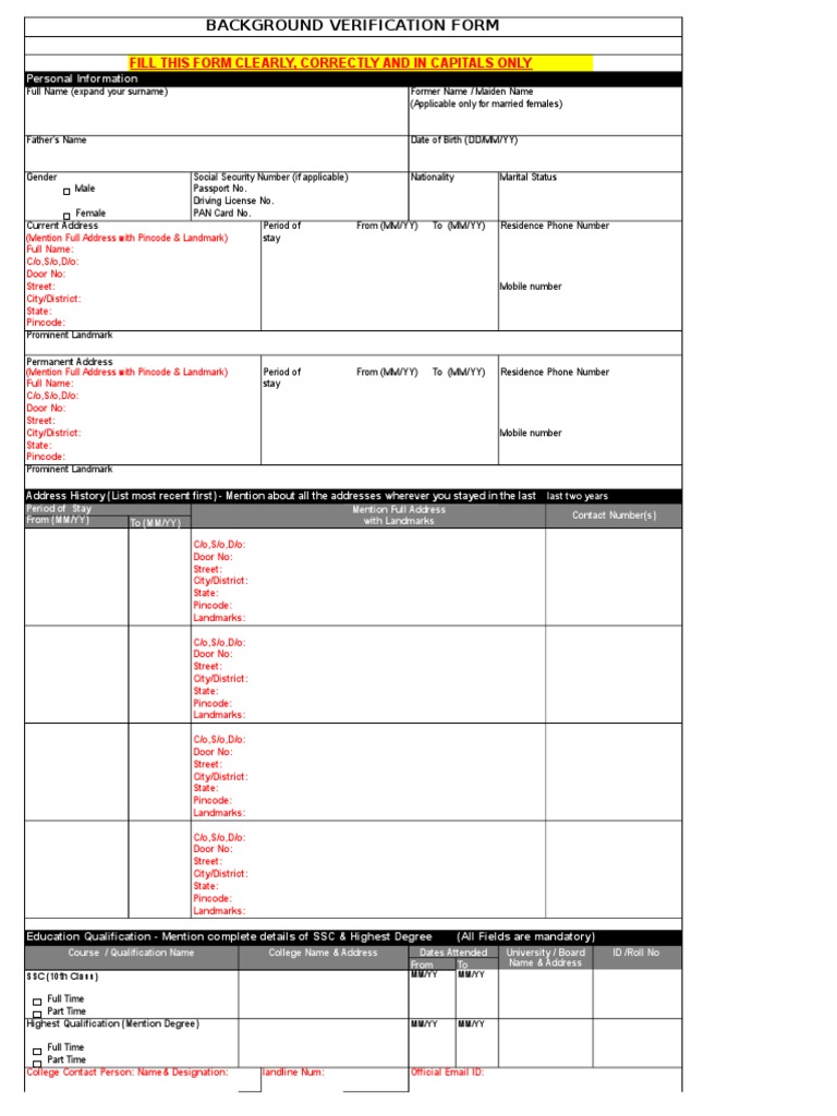 Background Verification Form | PDF | Employment | Salary