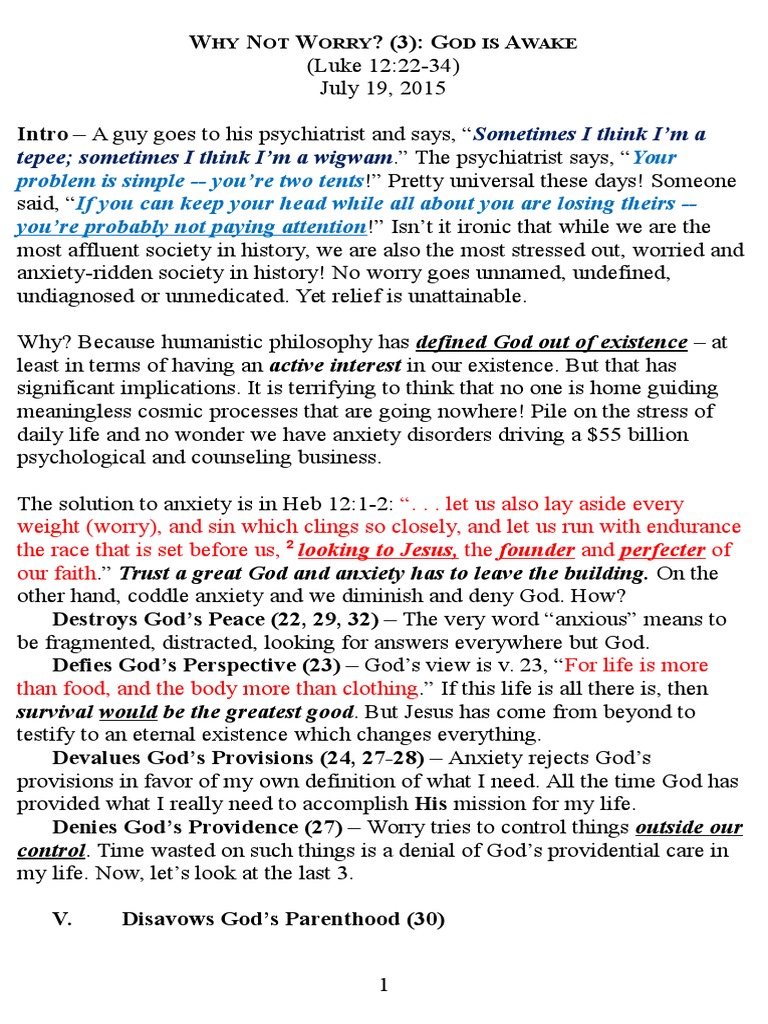 Luke 12-22-34 Why Not Worry (3) - God Is Awake | PDF | Repentance | Jesus