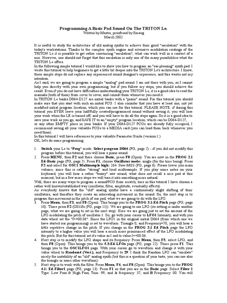 Programming A Basic Pad Sound On The TRITON Le | Download Free PDF | Synthesizer | Amplitude