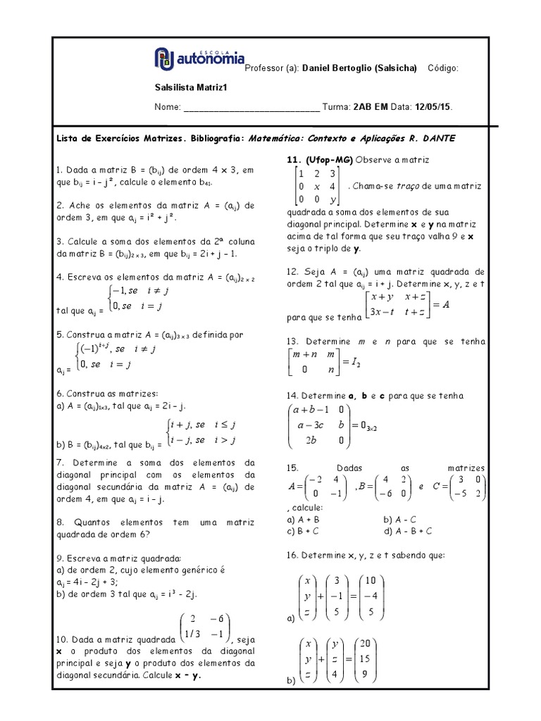 Lista de Exercícios sobre Matrizes com Resoluções | PDF | Matriz ...