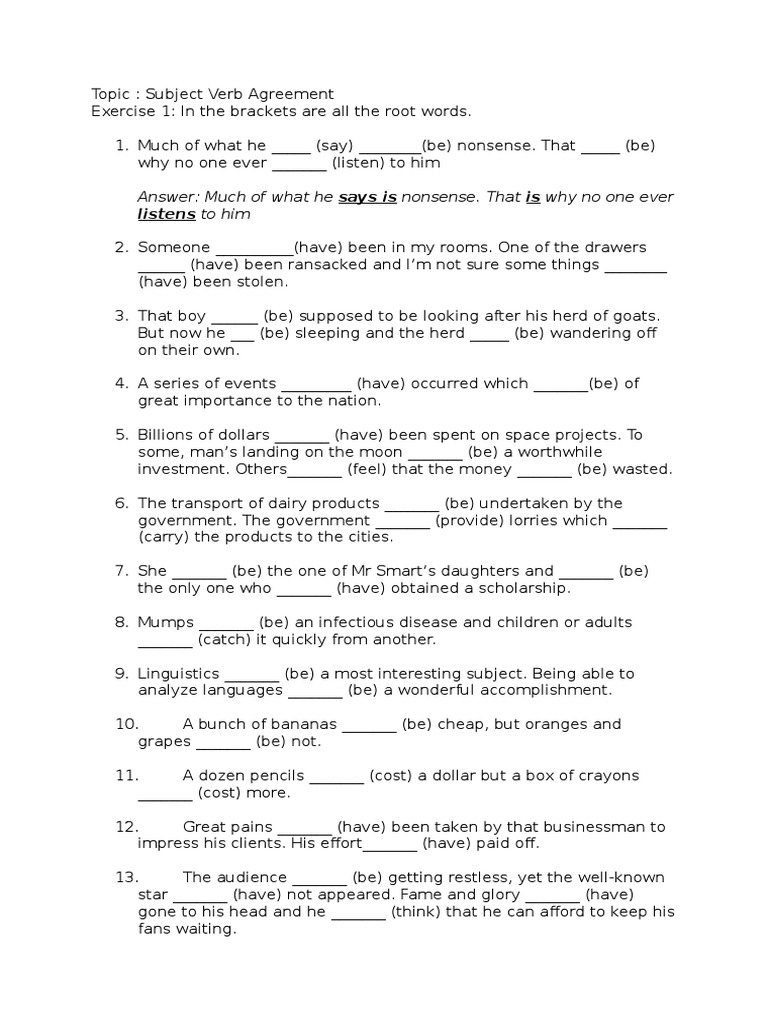 Subject Verb Agreement Exercise | PDF | Games & Activities