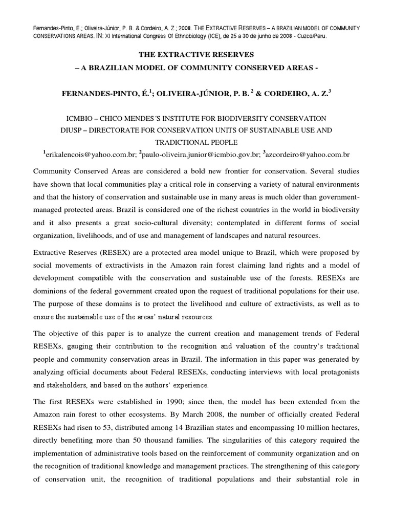 The Extractive Reserves - A Brazilian Model of Community Conserved ...