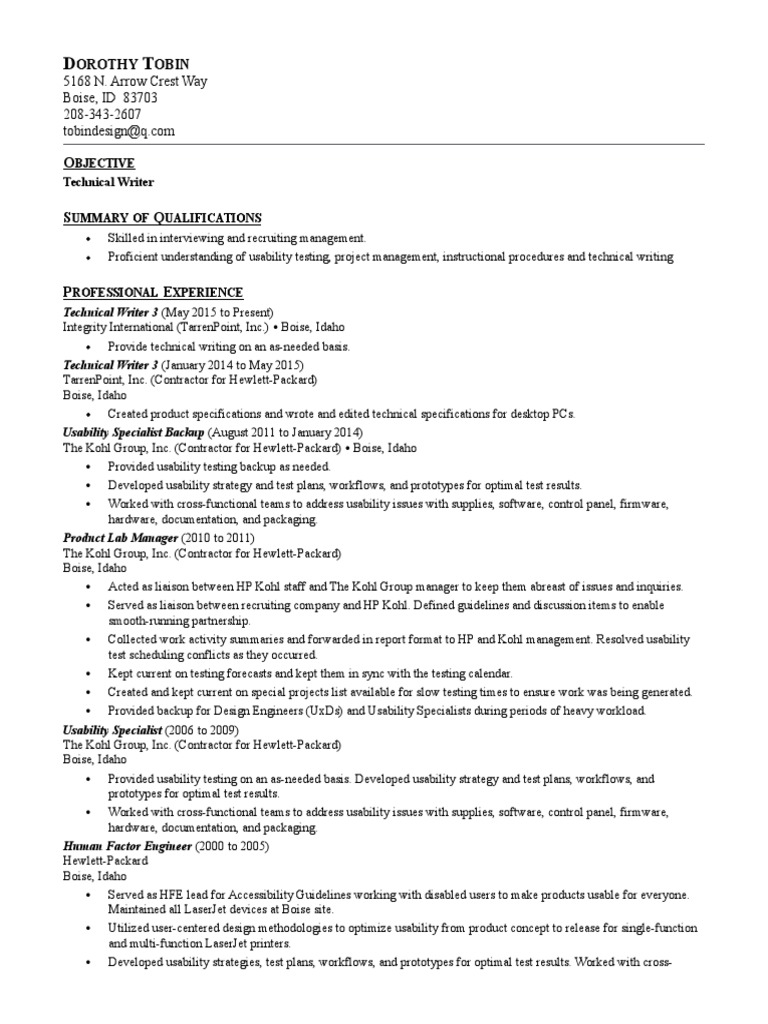 Tobin Dorothy (Revised Resume) | PDF | Usability | Hewlett Packard