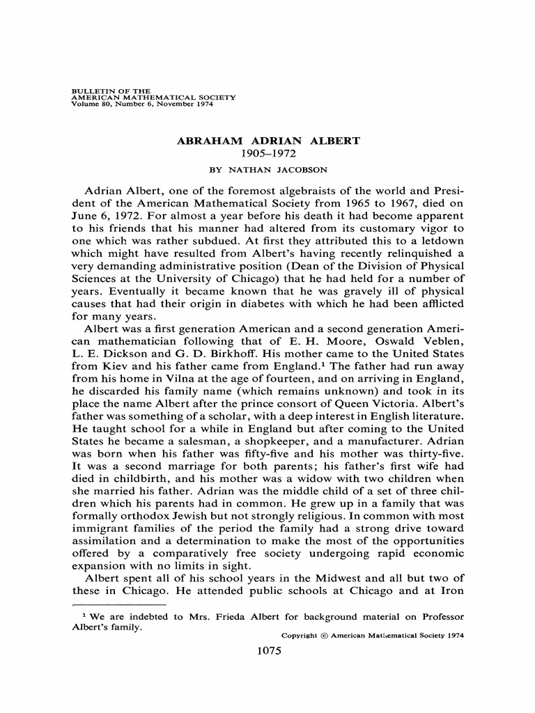Abraham Adrian Albert by Nathan Jacobson | PDF | Field (Mathematics ...