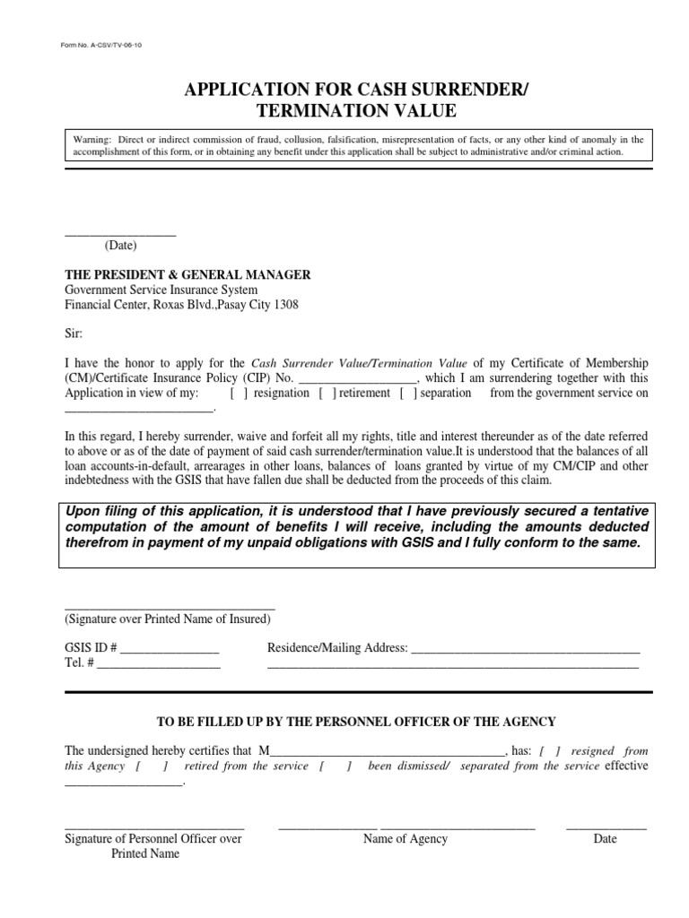 GSIS Cash Surrender Application Form | PDF | Finance & Money Management ...