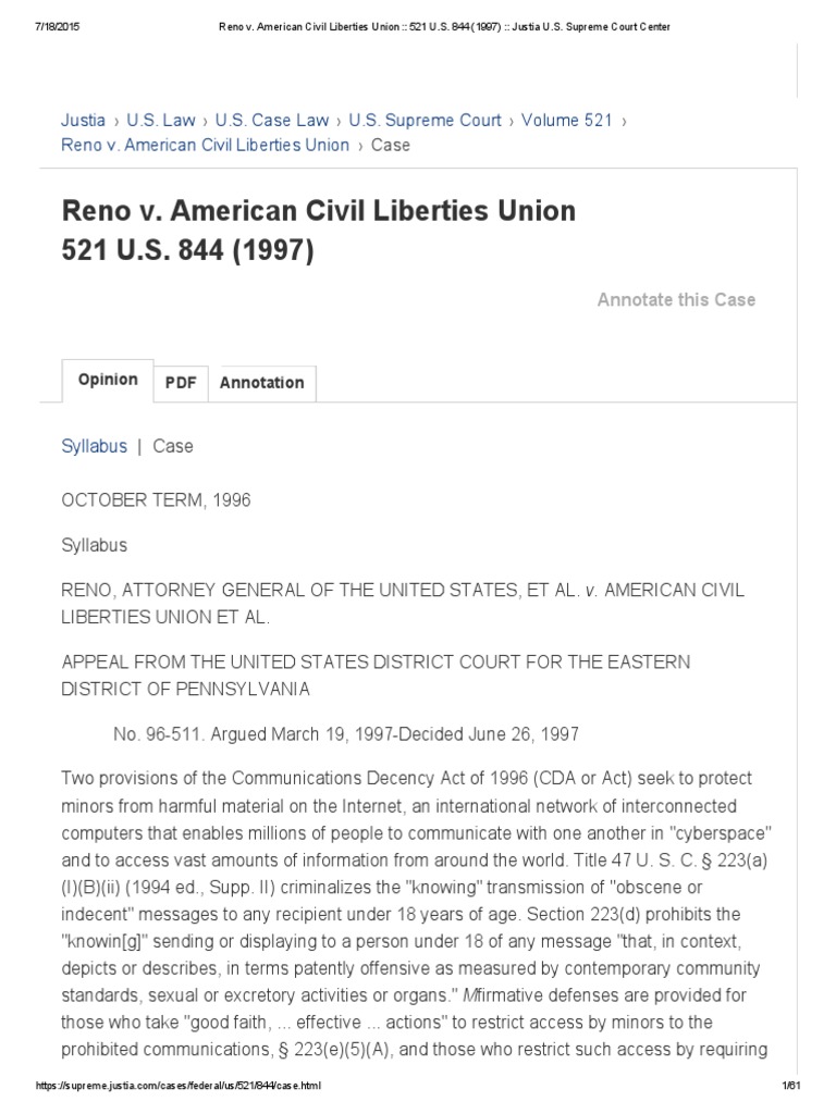 Reno V ACLU | PDF | First Amendment To The United States Constitution ...