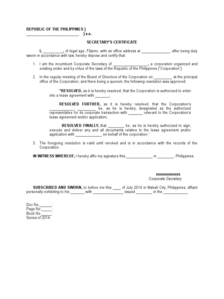 Secretary's Certificate For Lease | PDF