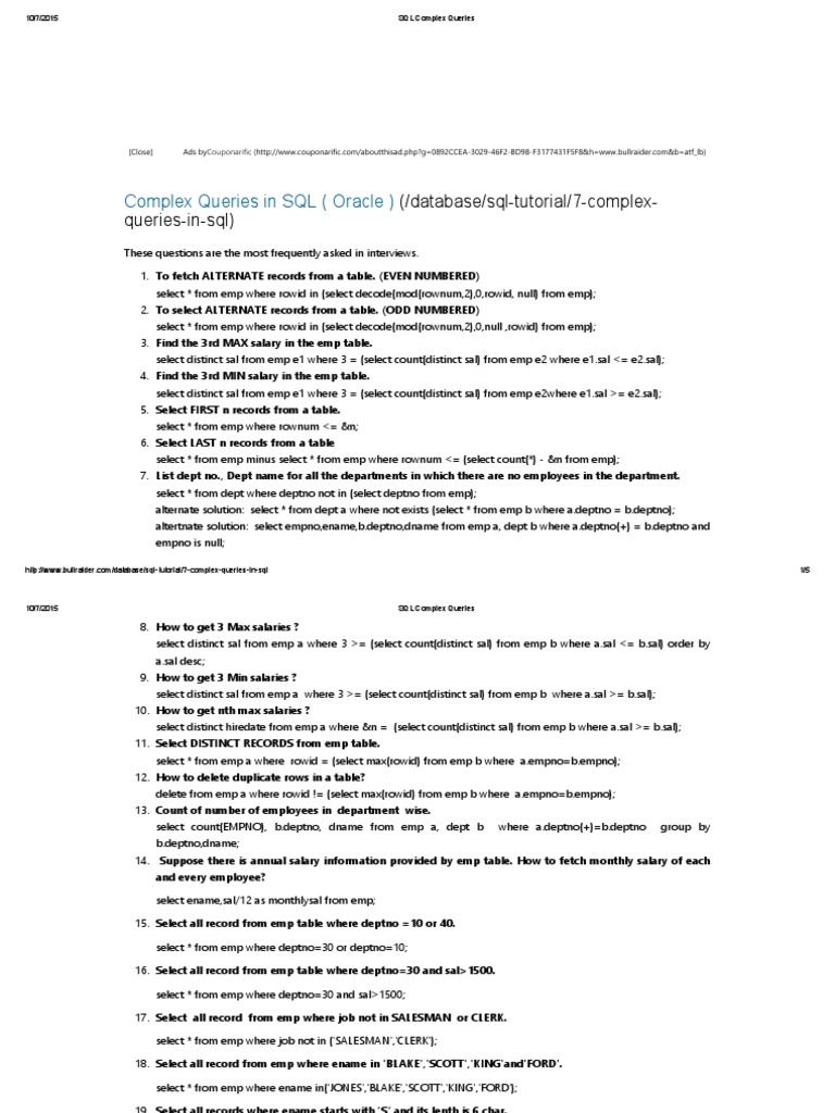 SQL Complex Queries | Download Free PDF | Sql | Databases