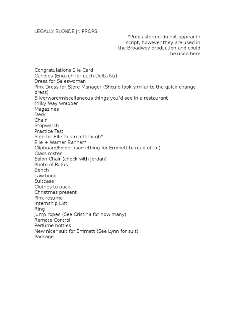 Legally Blonde JR Prop List