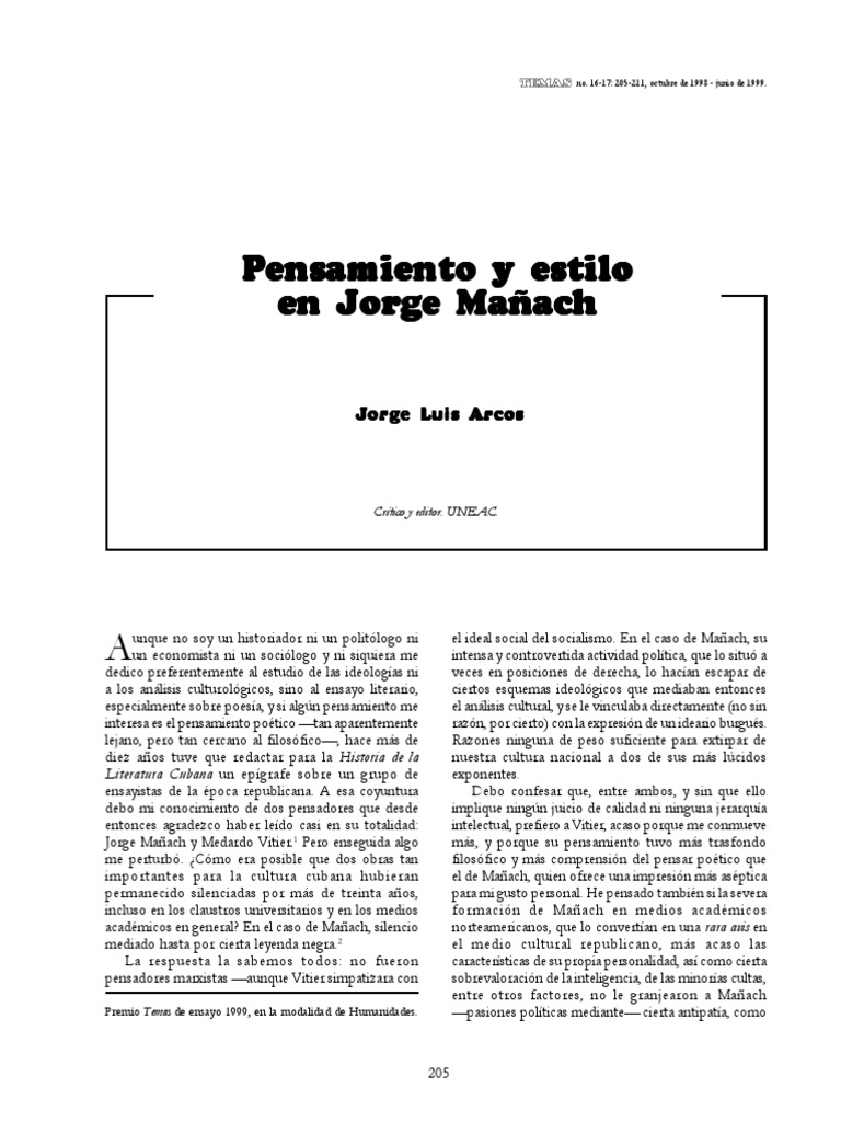 Jorge Luis Arcos, Pensamiento y Estilo en Jorge Mañach | PDF | Cuba ...