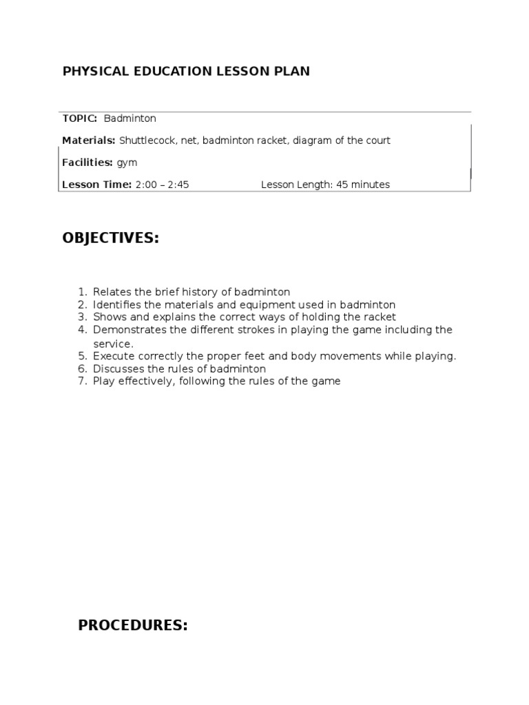 Badminton Detail Lesson Plan | PDF | Sports | Racquet Sports