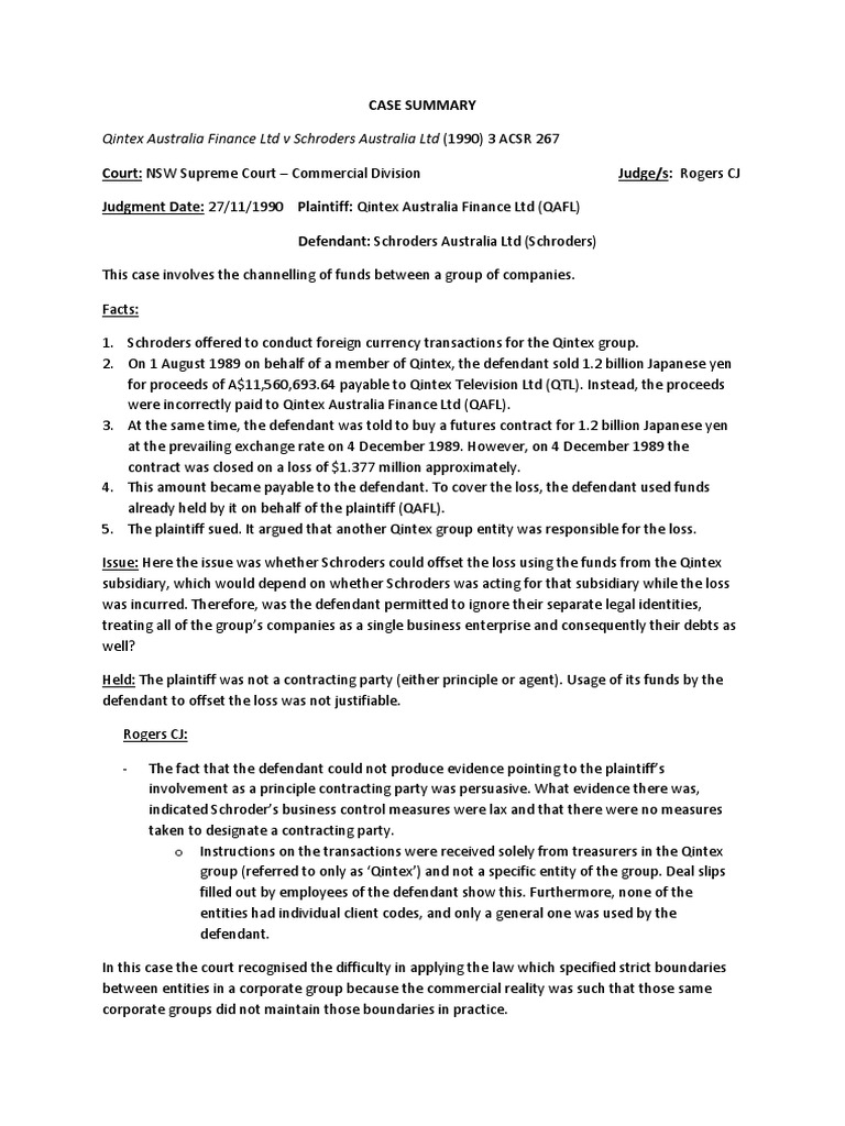 Case Summary - Qintex (1990) | PDF | Lawsuit | Private Law