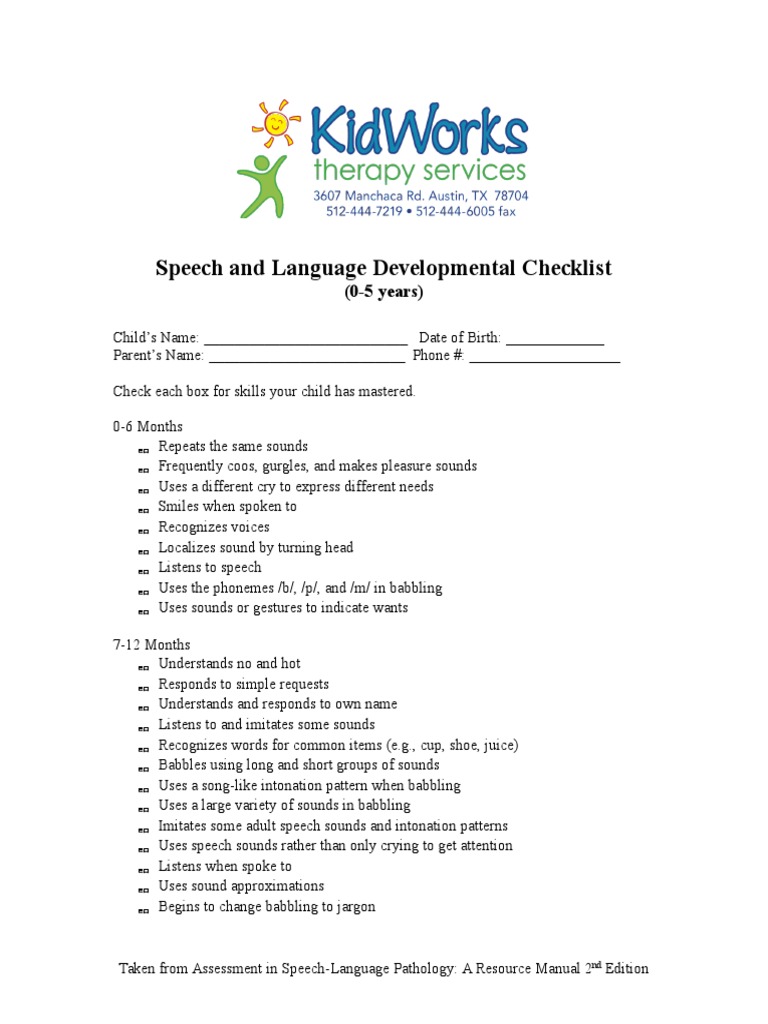 Speech and Language Developmental Checklist | PDF | Language ...