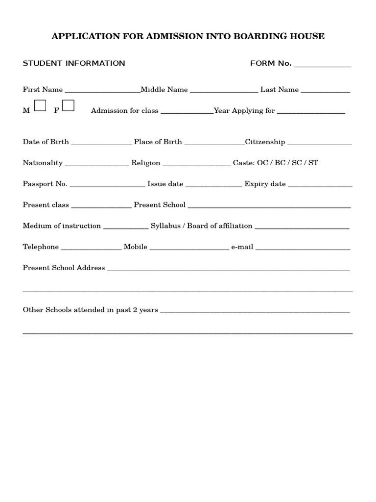 Application For Admission Into Boarding House: Student Information FORM ...