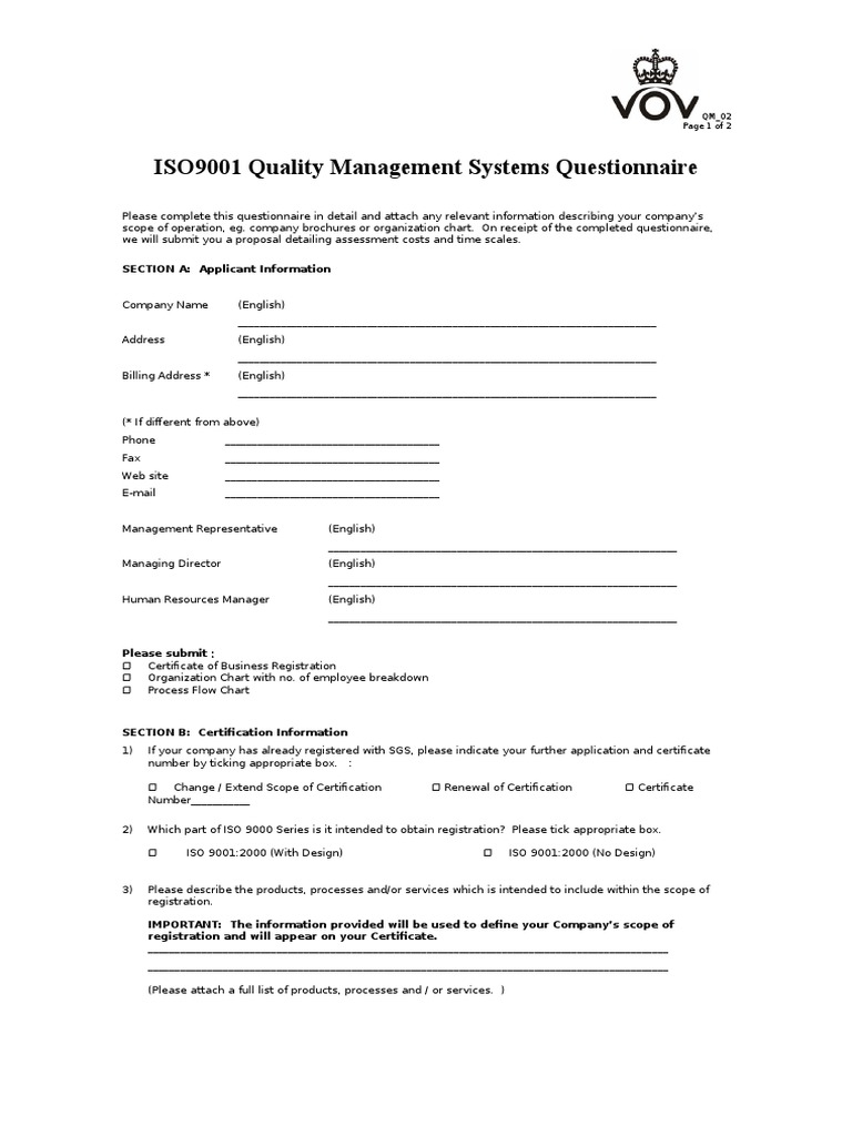 ISO9001 Quality Management Systems Questionnaire: SECTION A: Applicant ...