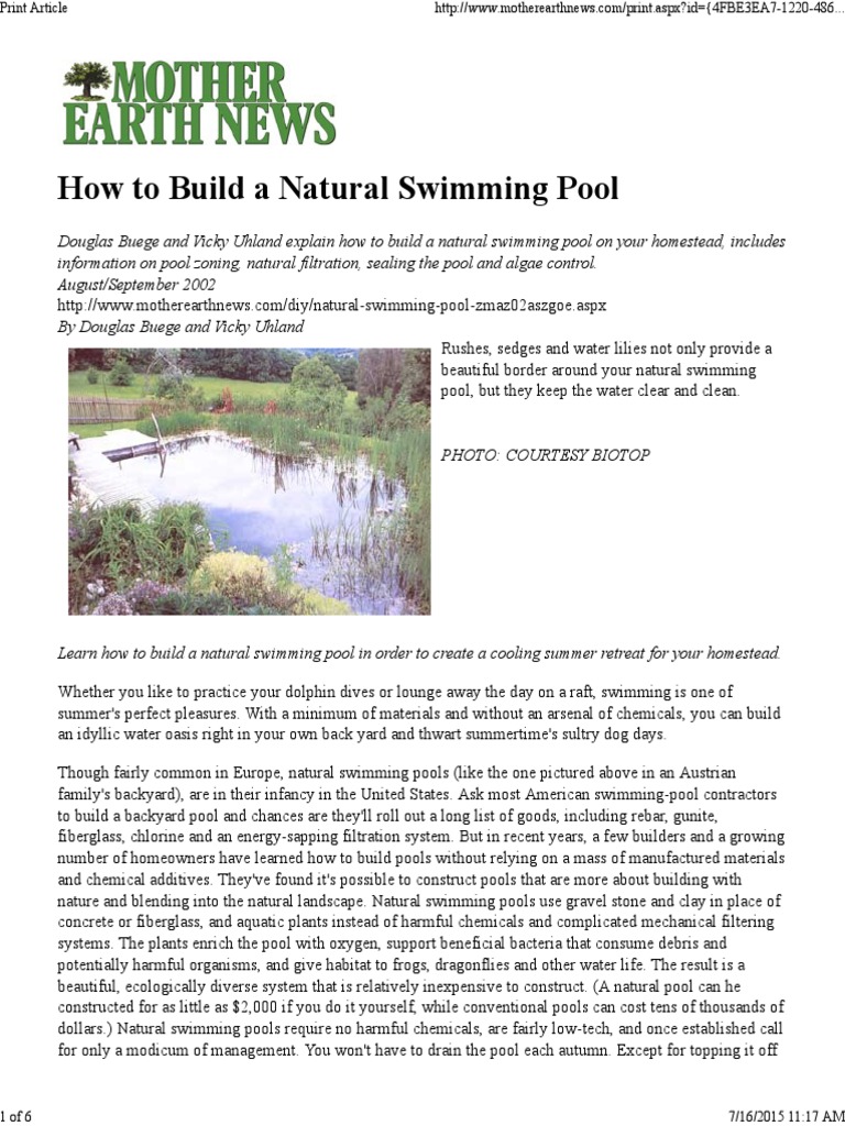 How To Build A Natural Swimming Pool | PDF | Swimming Pool | Concrete
