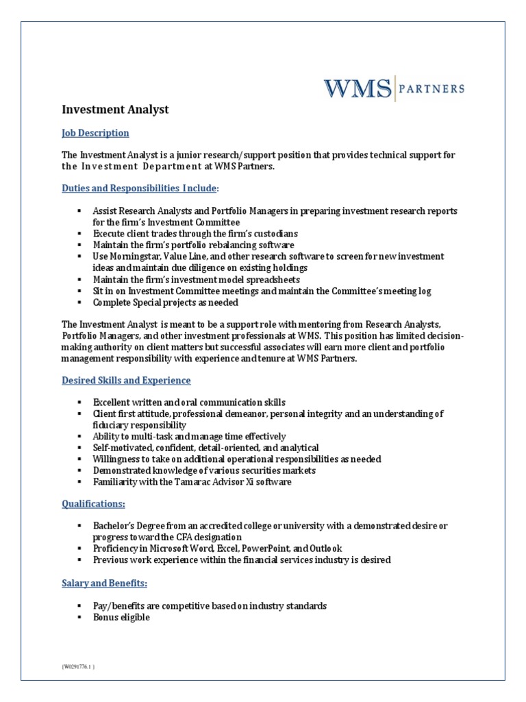 Investment Analyst: Job Description | PDF | Financial Analyst | 401(K)