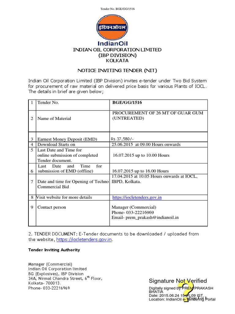 IOCL Tender for 26 MT Guar Gum | PDF