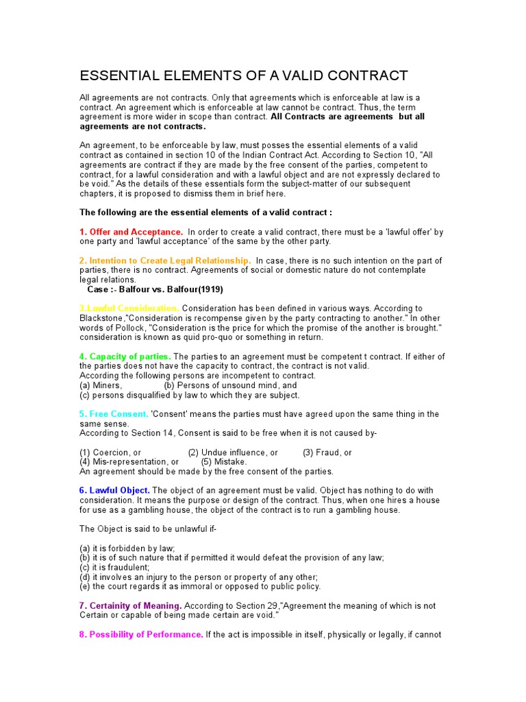 Essential Elements Of A Valid Contract 1 Pdf