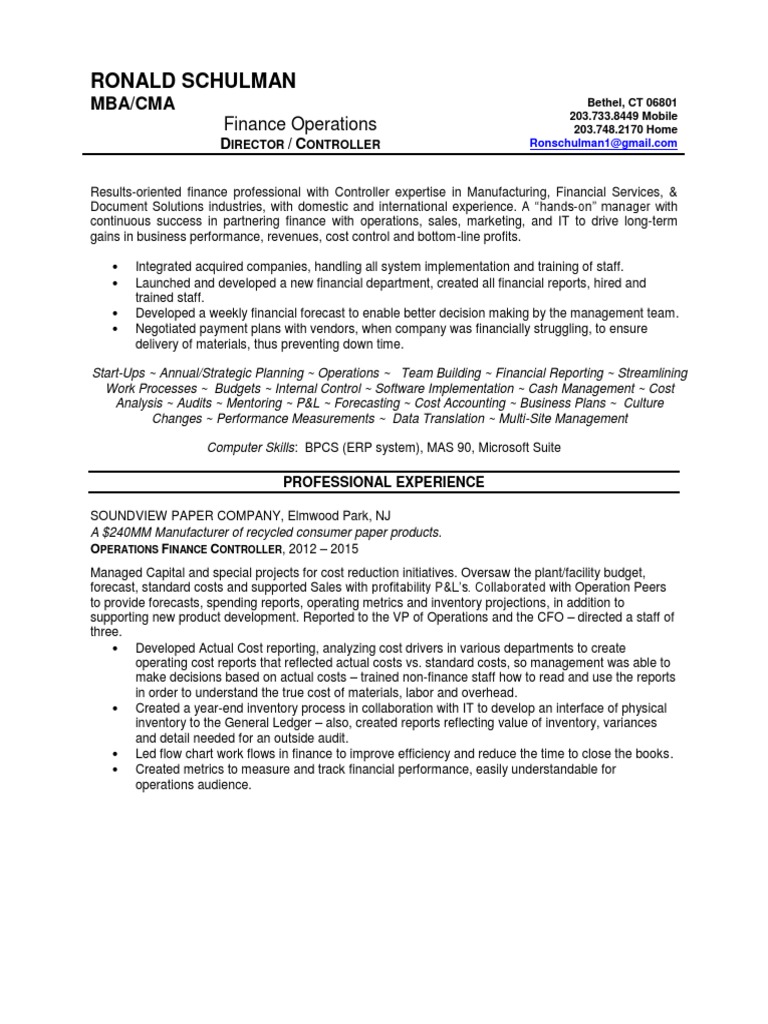 Controller Director Finance in New York City Resume Ronald Schulman ...
