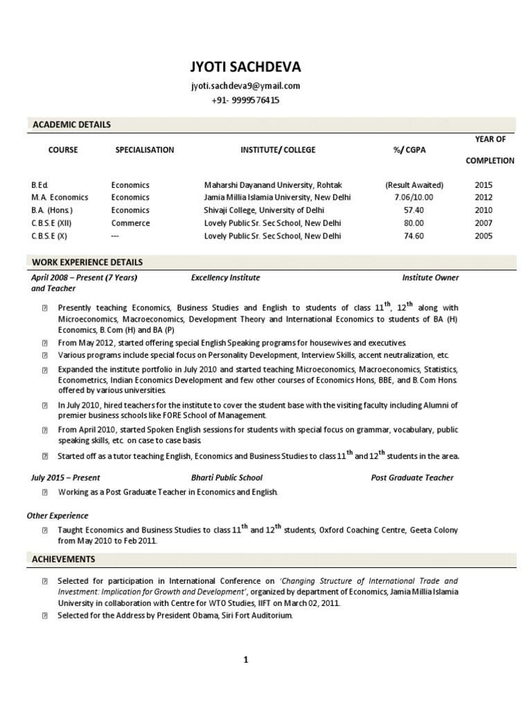 Jyoti Sachdeva: Academic Details | PDF | Economics | Academia