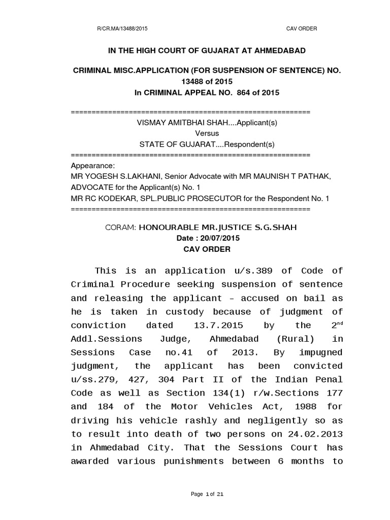 Vismay Shah (BMW Hit and Run Case, Ahmedabad) Judgment of Gujarat High ...