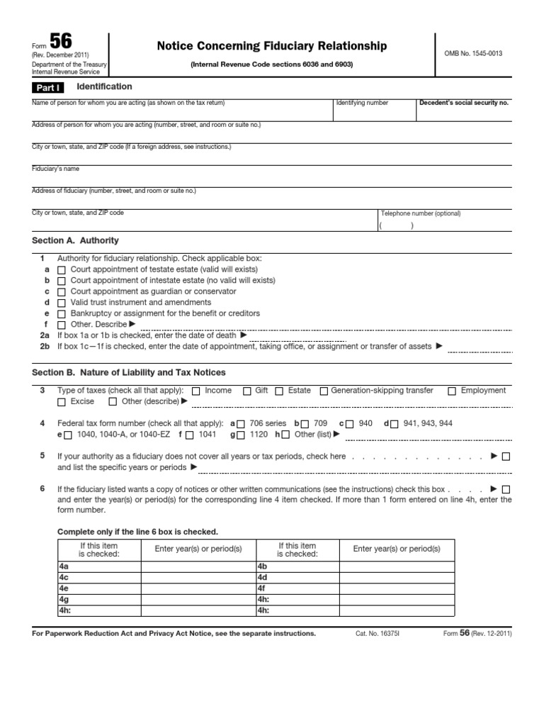 Notice of Fiduciary Relationship: Form 56 | PDF | Internal Revenue ...