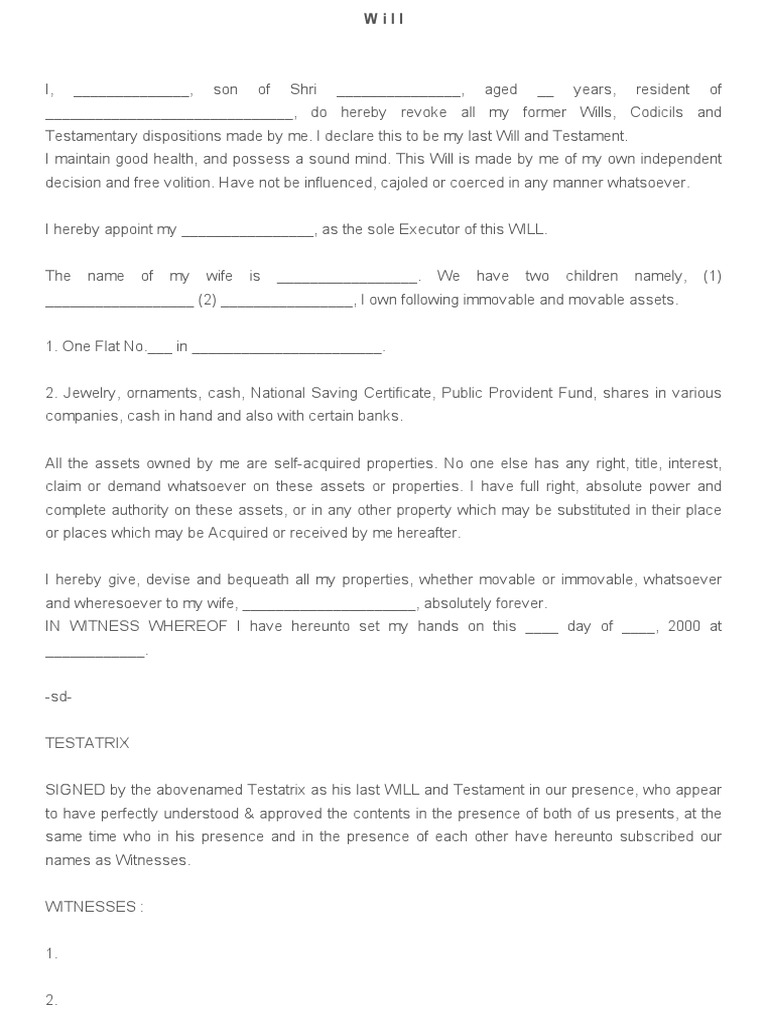 Will Simple Will Format India - Delhi Lawyer | PDF