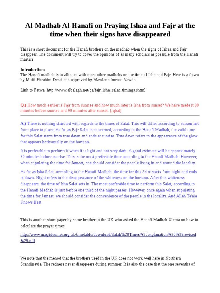 Hanafi Madhab On Praying and Fasting in High Latitudes | PDF | Sharia ...