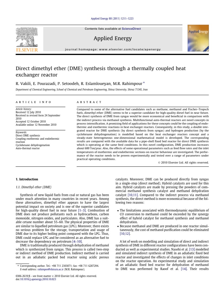 Direct Dimethyl Ether (DME) Synthesis Through A Thermally Coupled Heat ...